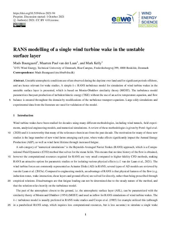 (PDF) RANS modelling of a single wind turbine wake in the unstable surface layer | Mark Kelly ...