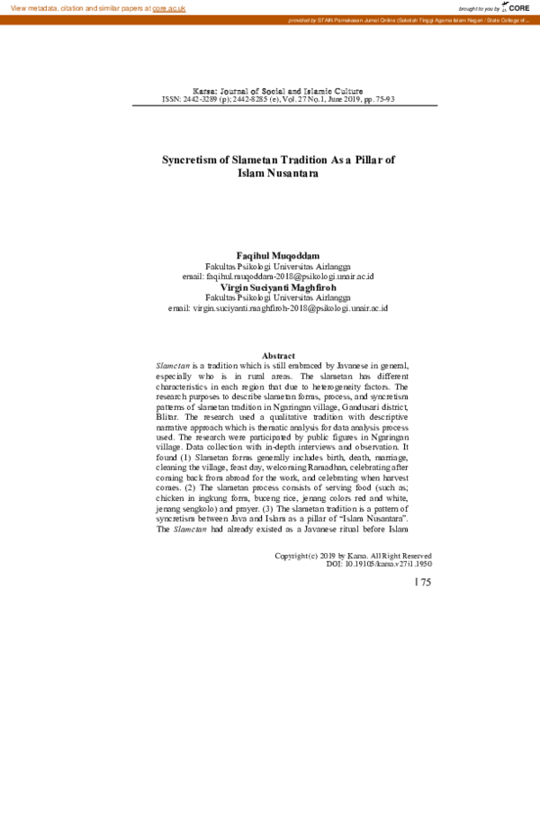 (PDF) Syncretism of Slametan Tradition As a Pillar of Islam Nusantara