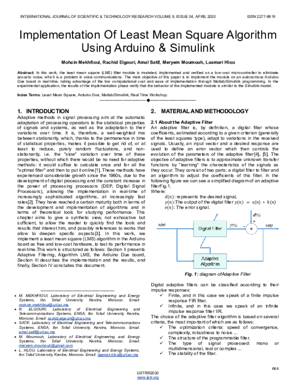 Pdf Implementation Of Least Mean Square Algorithm Using Arduino And Simulink Mohcin Mekhfioui
