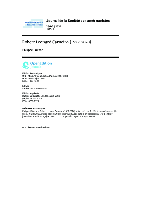 (PDF) Robert Leonard Carneiro (1927-2020)