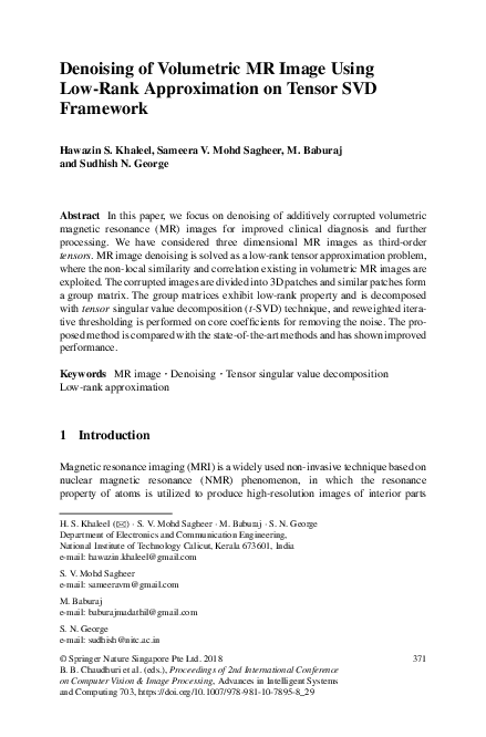 (PDF) Denoising of Volumetric MR Image Using Low-Rank Approximation on Tensor SVD Framework