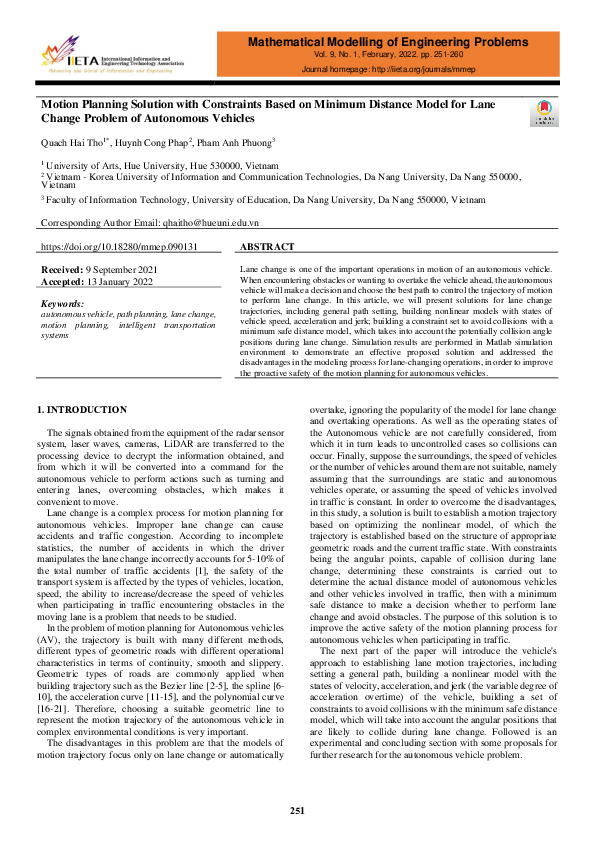 (PDF) Motion Planning Solution with Constraints Based on Minimum Distance Model for Lane Change ...