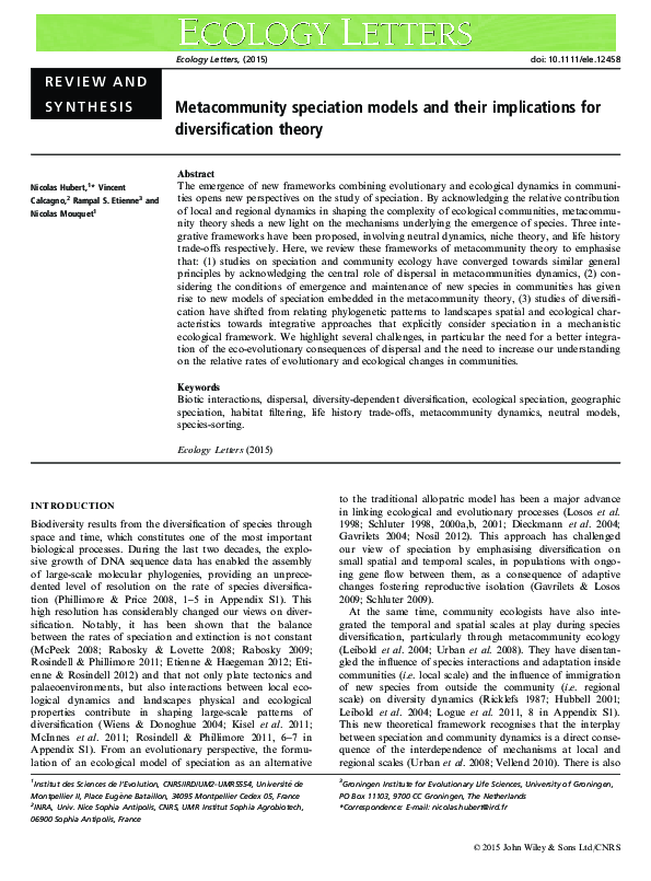 (PDF) Metacommunity speciation models and their implications for diversification theory