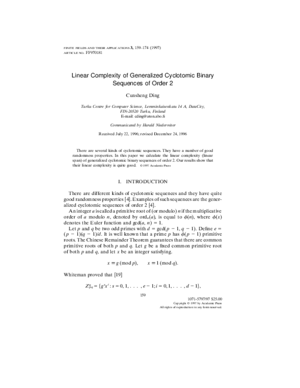(PDF) Linear complexity of generalized cyclotomic binary sequences of length 2p m