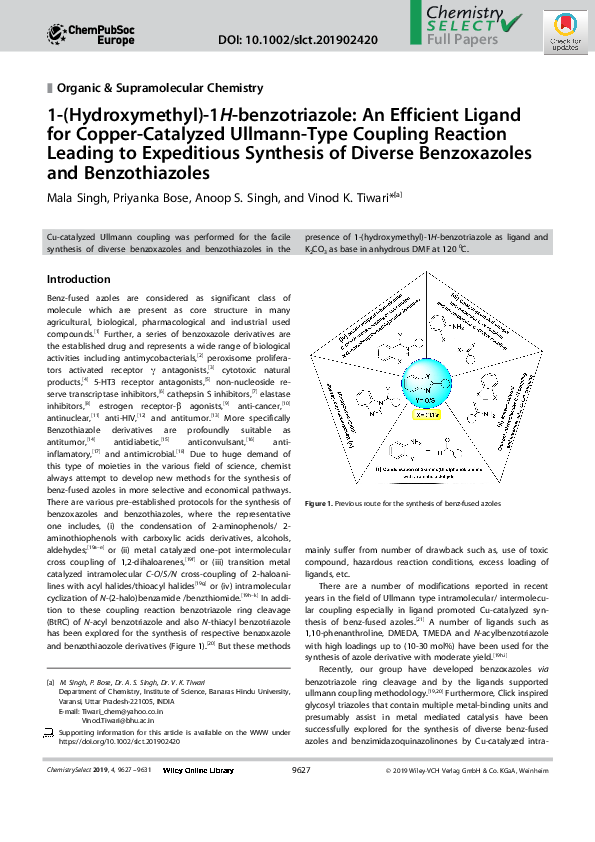 (PDF) 1‐(Hydroxymethyl)‐1 H ‐benzotriazole: An Efficient Ligand for ...