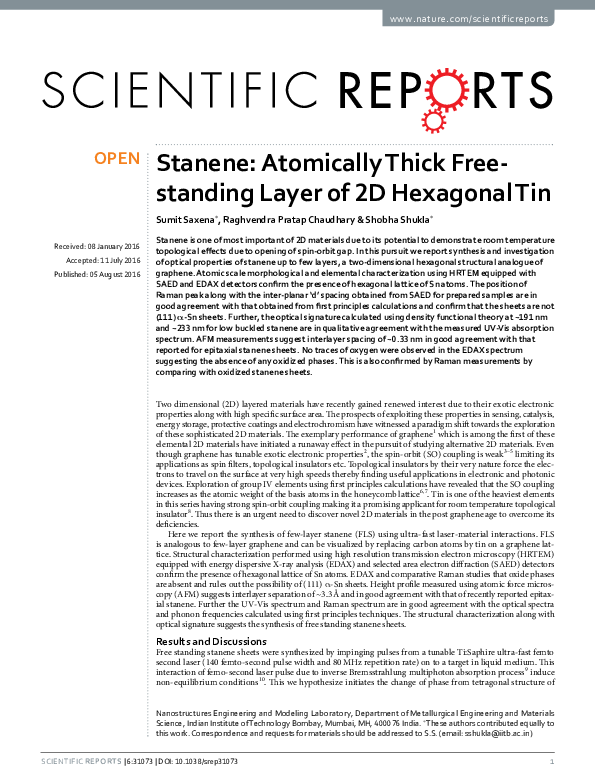 (PDF) Stanene: Atomically Thick Free-standing Layer of 2D Hexagonal Tin