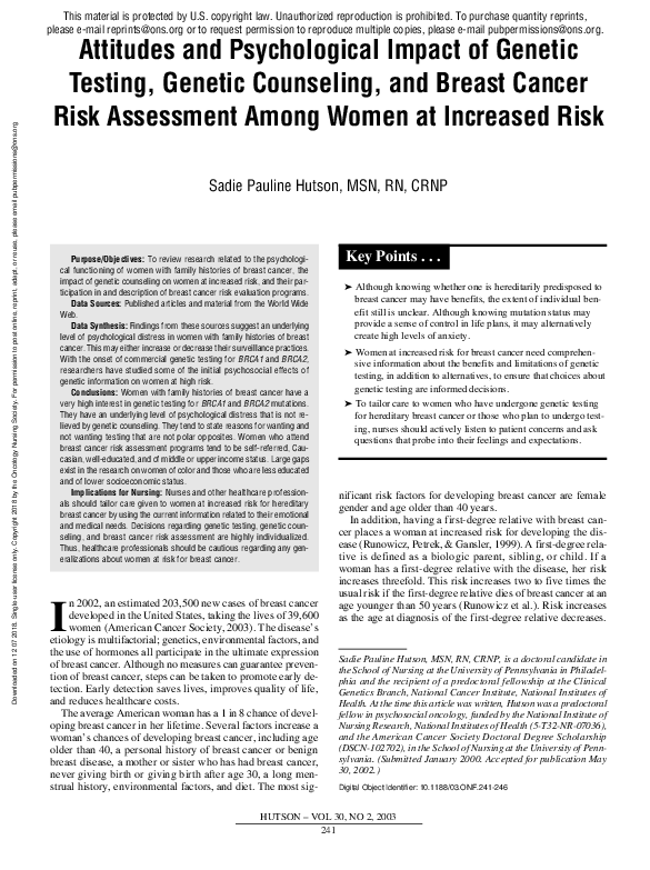 Attitudes and Psychological Impact of Genetic Testing, Genetic ...