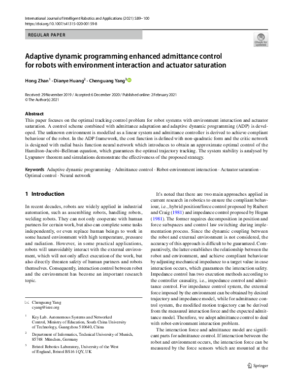 (PDF) Adaptive dynamic programming enhanced admittance control for ...