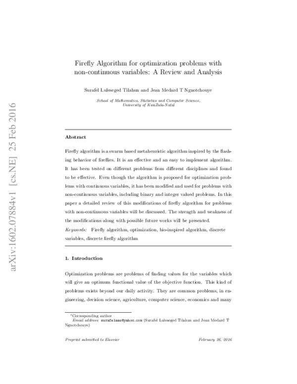 Pdf Firefly Algorithm For Optimization Problems With Non Continuous Variables A Review And