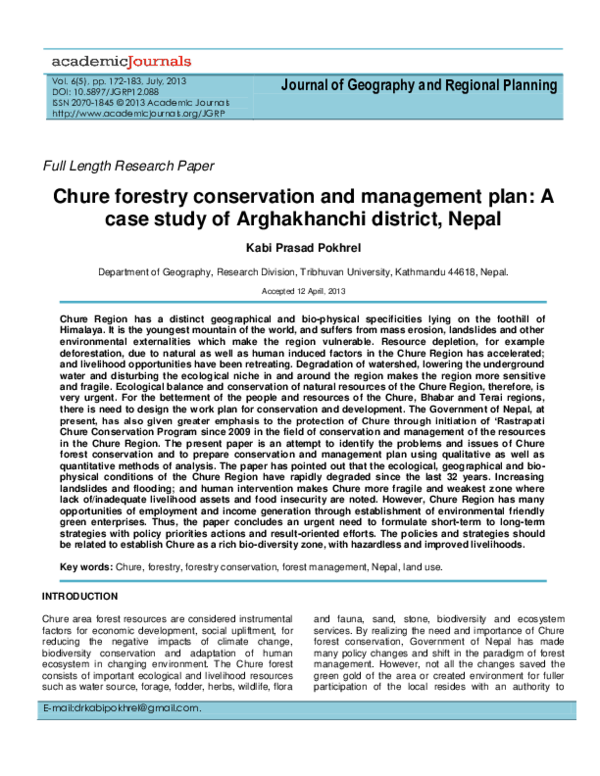 (PDF) Conservation of Chure Forest in Nepal: Issues, Challenges and Options