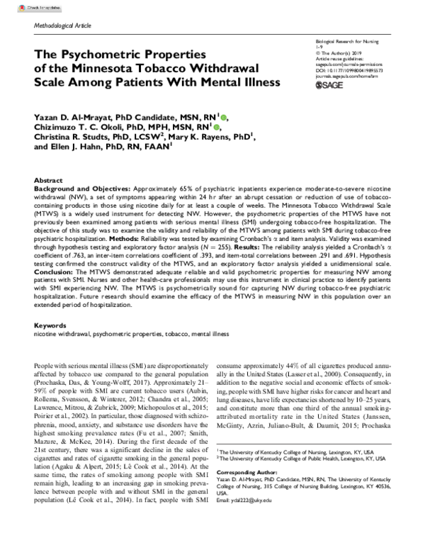 (PDF) The Psychometric Properties of the Minnesota Tobacco Withdrawal ...