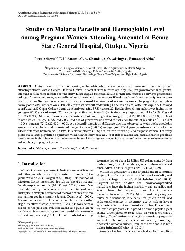 (PDF) Prevalence of Malaria Parasite Infection among Pregnant Women Attending Antenatal Clinics ...