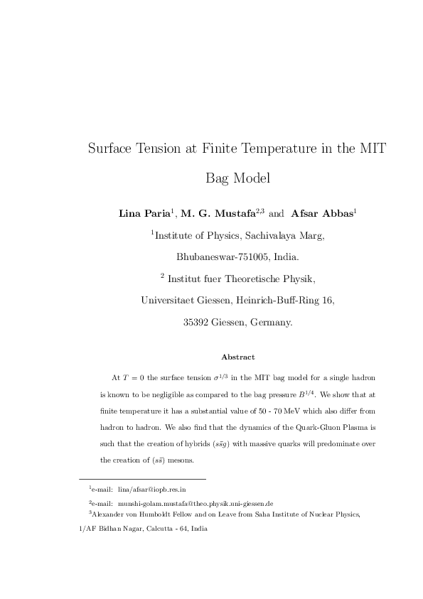 (PDF) Surface Tension at Finite Temperature in the Mit Bag Model