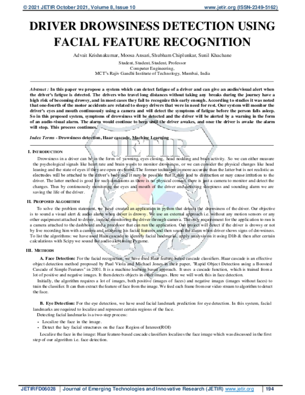 (PDF) Driver Drowsiness Detection Using Facial Feature Recognition