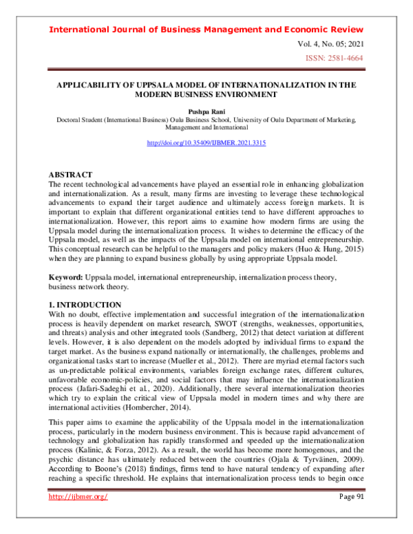 (PDF) Applicability of Uppsala Model of Internationalization in the ...