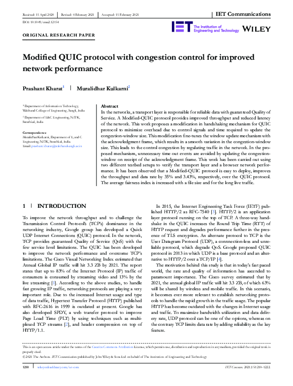 Pdf Modified Quic Protocol With Congestion Control For Improved Network Performance