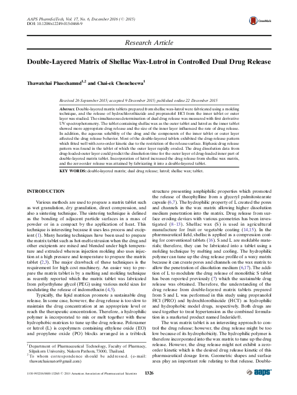 (PDF) Double-Layered Matrix of Shellac Wax-Lutrol in Controlled Dual ...