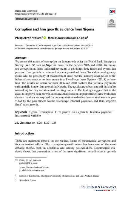 (PDF) Corruption and firm growth: evidence from Nigeria (PDF) Corruption and firm growth: evidence from Nigeria