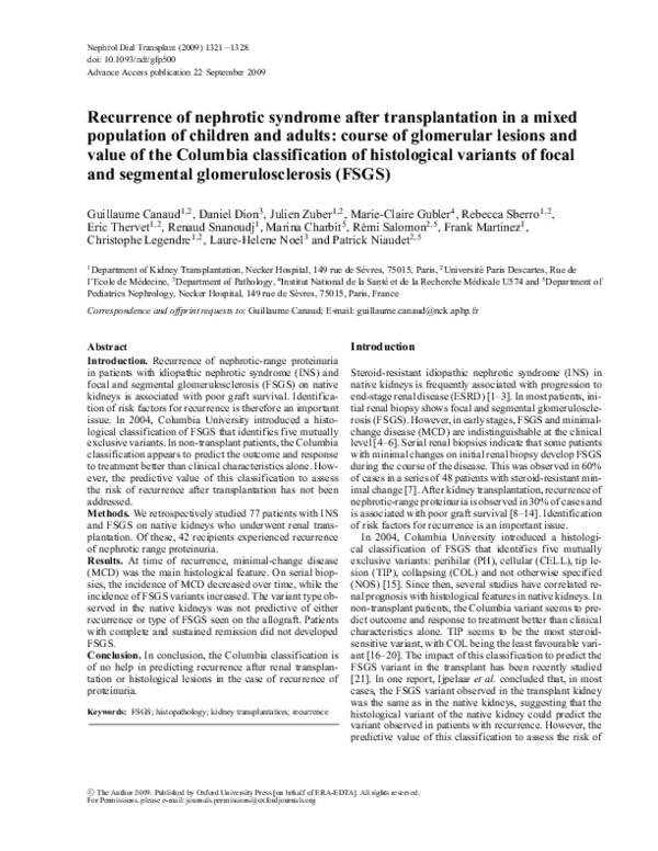 (PDF) Recurrence of nephrotic syndrome after transplantation in a mixed ...