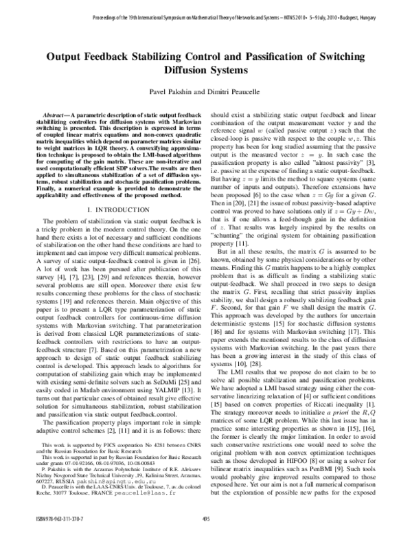 (PDF) Output Feedback Stabilizing Control and Passification of ...