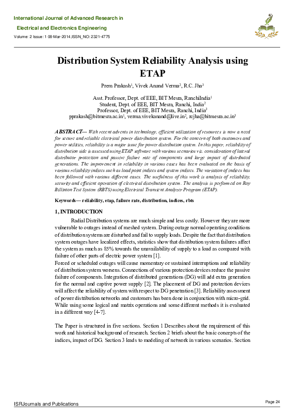 (PDF) Distribution System Reliability Analysis using ETAP