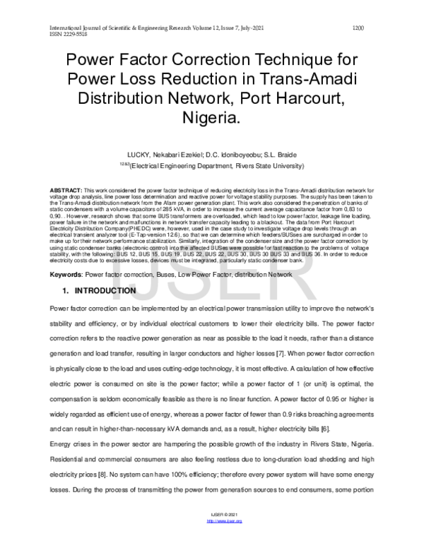 Pdf Power Factor Correction Technique For Power Loss Reduction In