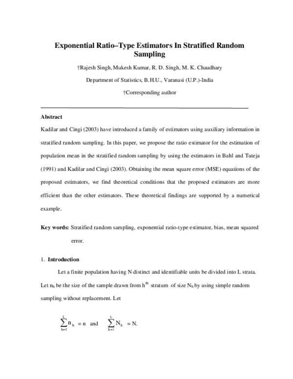 (PDF) Exponential Ratio Type Estimators In Stratified Random Sampling