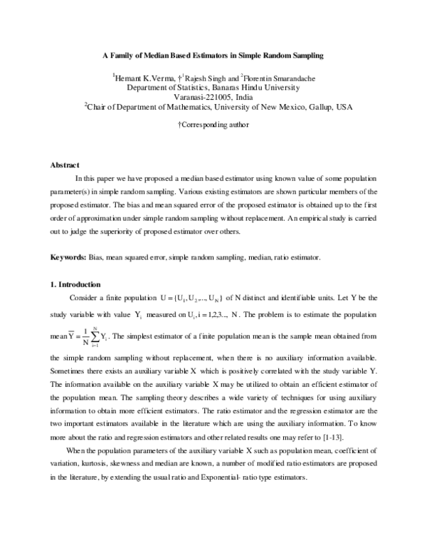(PDF) A family of median based estimators in simple random sampling