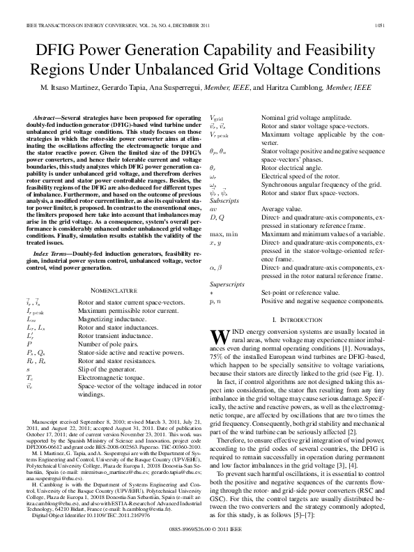 (PDF) DFIG Power Generation Capability and Feasibility Regions Under Unbalanced Grid Voltage ...