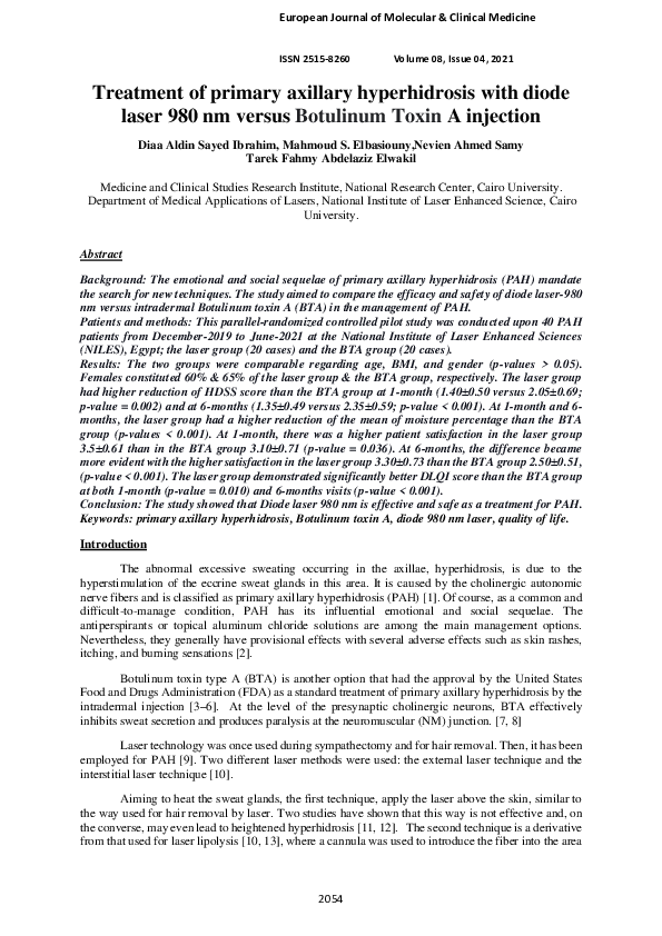 (PDF) Treatment of primary axillary hyperhidrosis with diode laser 980 ...