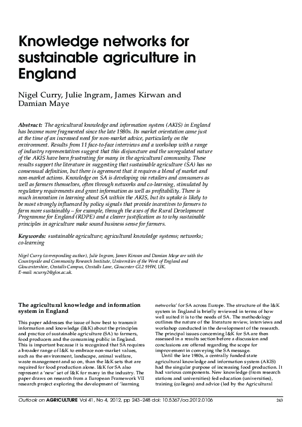 (PDF) Knowledge networks for sustainable agriculture in England