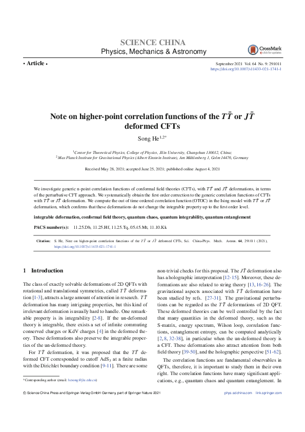 (PDF) Note on higher-point correlation functions of the $$T\bar T$$ or $$J\bar T$$ deformed CFTs