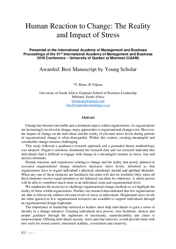 (PDF) Human Reaction to Change : The Reality and Impact of Stress