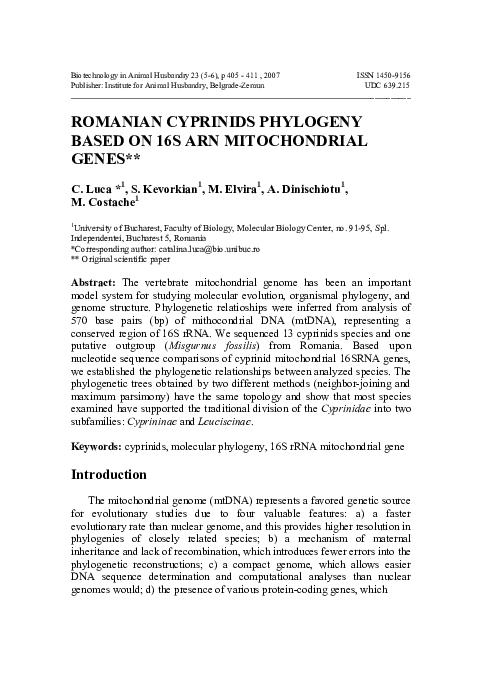 (PDF) Romanian cyprinids phylogeny based on 16S ARN mitochondrial genes