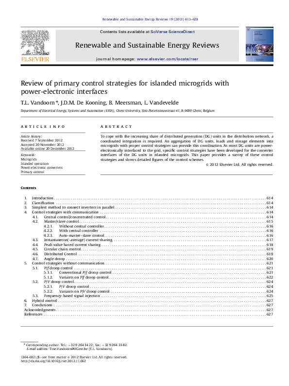 (PDF) Review of primary control strategies for islanded microgrids with power-electronic interfaces