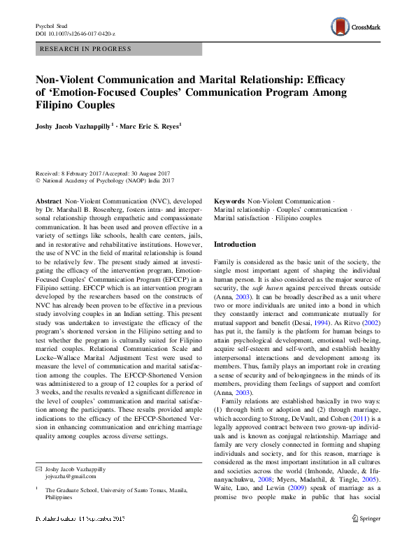 (PDF) Non-Violent Communication and Marital Relationship: Efficacy of ...