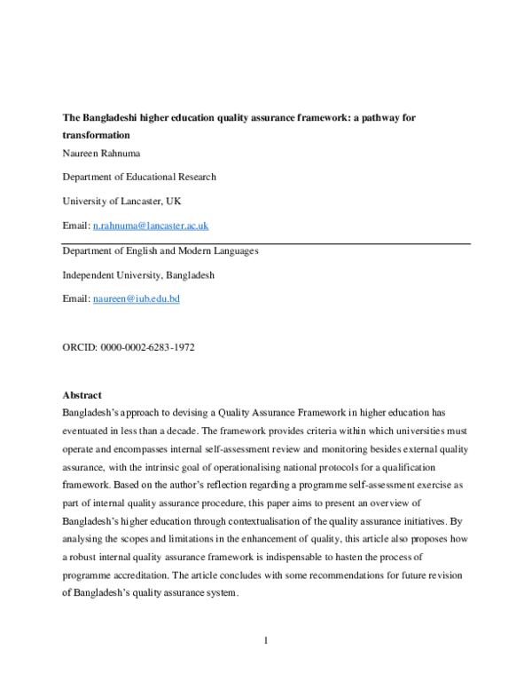 (PDF) The Bangladeshi higher education quality assurance framework: a ...