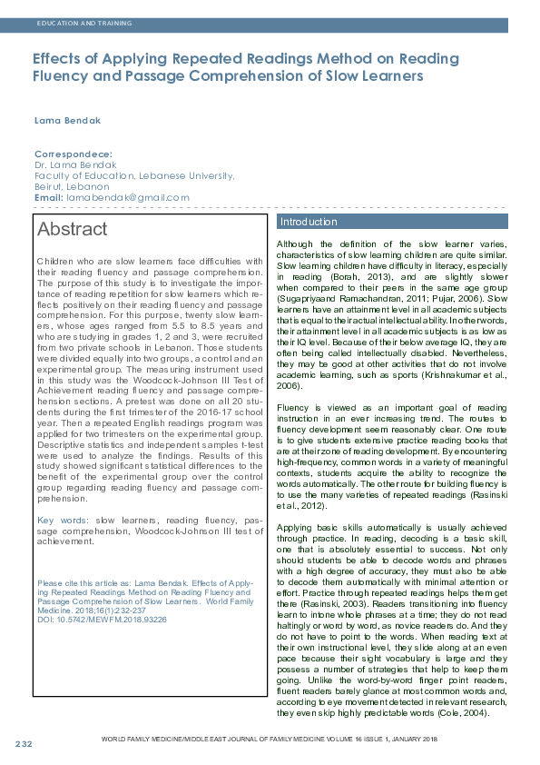 Pdf Effects Of Applying Repeated Readings Method On Reading Fluency And Passage Comprehension