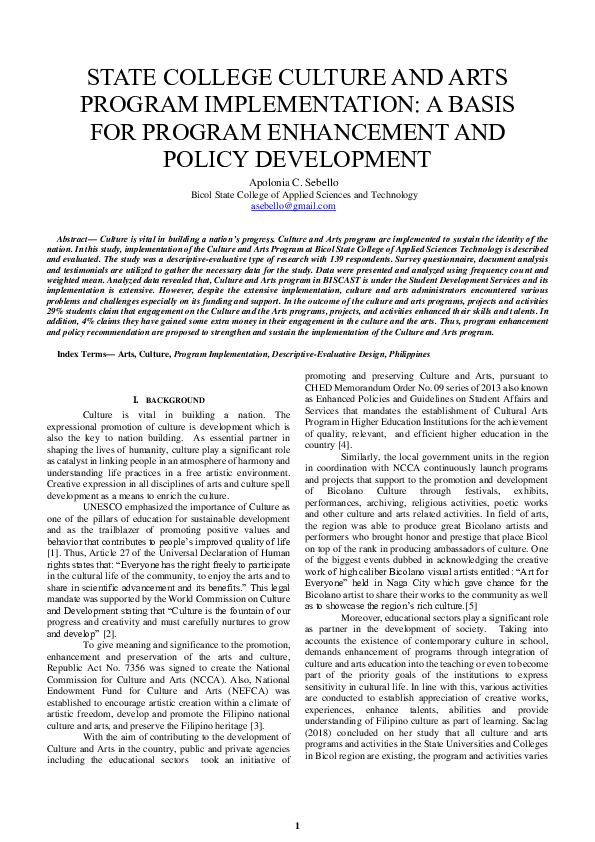 (PDF) STATE COLLEGE CULTURE AND ARTS PROGRAM IMPLEMENTATION A BASIS FOR ...