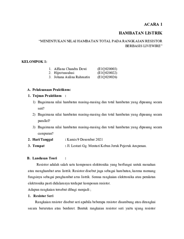 (DOC) LAPORAN PRAKTIKUM ELDAS KELOMPOK 1 HAMBATAN LISTRIK