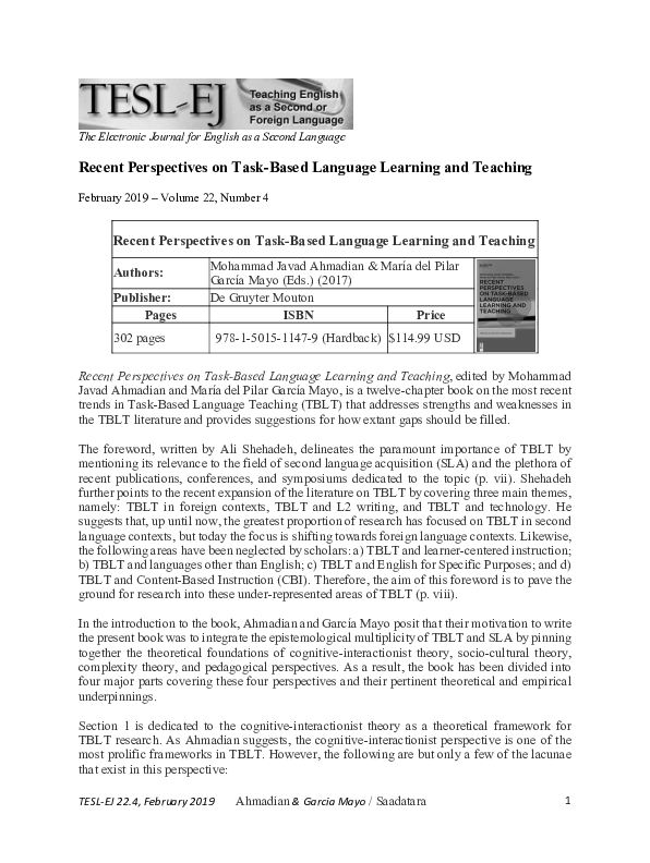 (PDF) Recent Perspectives on Task-Based Language Learning and Teaching