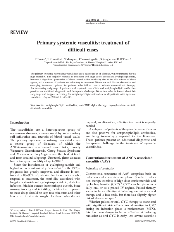 (PDF) Primary systemic vasculitis: treatment of difficult cases