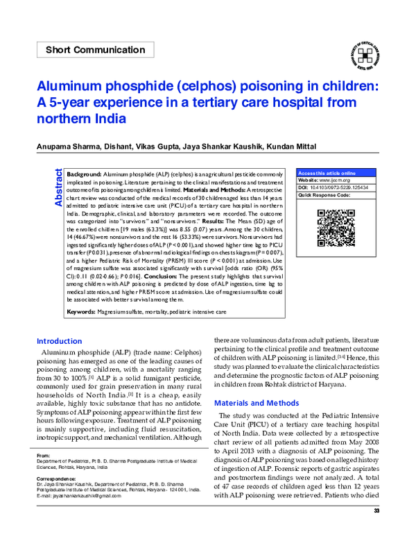 (PDF) Aluminum phosphide (celphos) poisoning in children: A 5-year ...