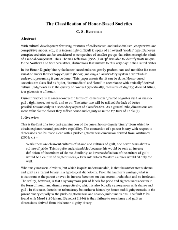 (DOC) The Classification of Honor-Based Societies