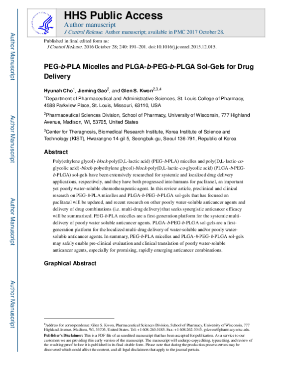 (PDF) PEG- b -PLA micelles and PLGA- b -PEG- b -PLGA sol–gels for drug ...
