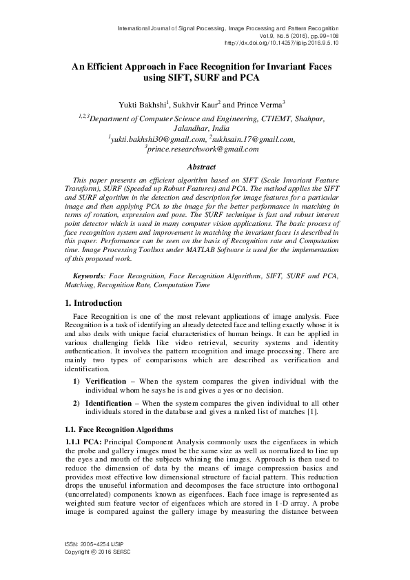 Pdf An Efficient Approach In Face Recognition For Invariant Faces Using Sift Surf And Pca 7343