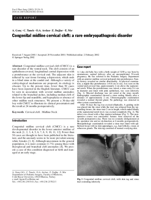 (PDF) Congenital midline cervical cleft: a rare embryopathogenic ...