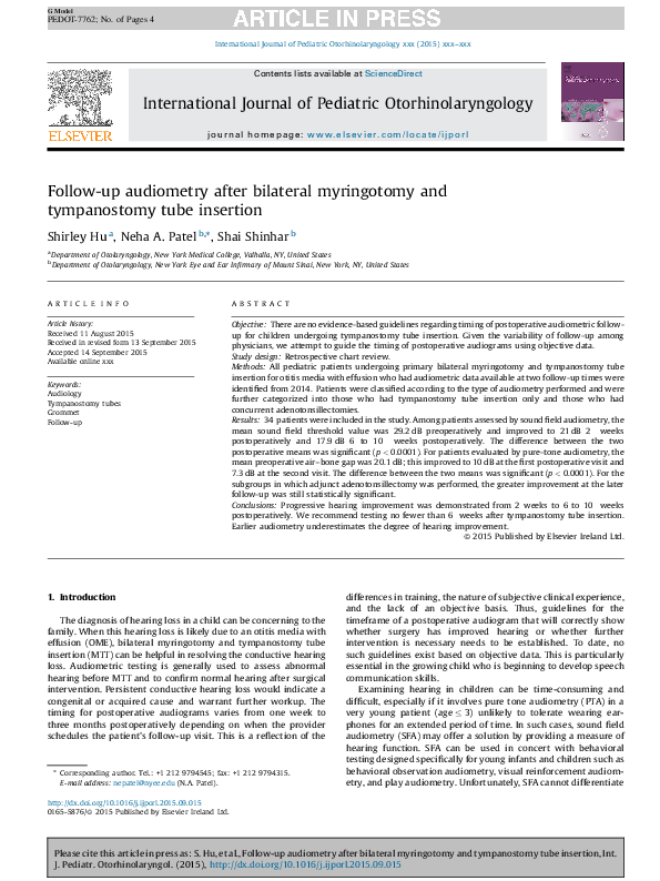 (PDF) Follow-up audiometry after bilateral myringotomy and tympanostomy ...