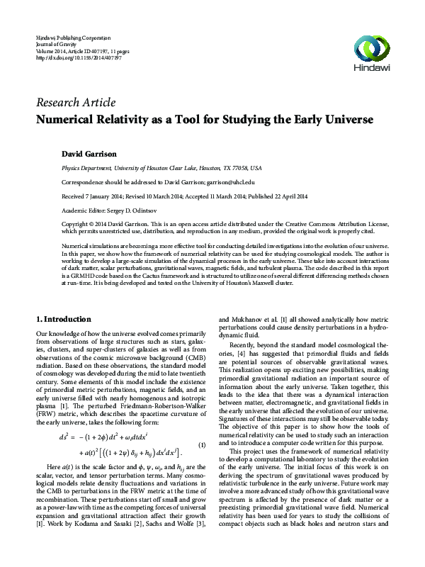 (PDF) Numerical Relativity as a Tool for Studying the Early Universe