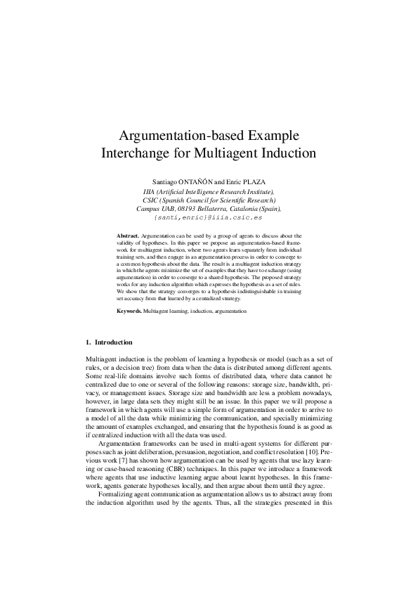 (PDF) Argumentation-based Example Interchange for Multiagent Induction